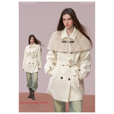 VIAPITTI设计感重工毛毛斗篷款毛呢大衣女秋冬复古百搭双排扣外套