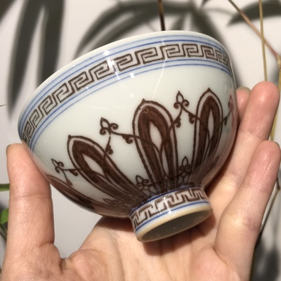 景德镇「又见春风」青花釉里红宝相鸡心杯 手绘青花茶碗茶具