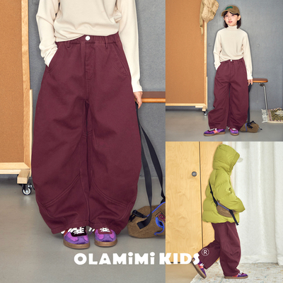 儿童亲子冬酒红做旧工装弯刀裤