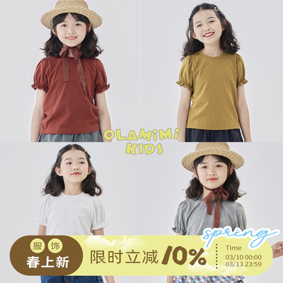 简约纯色泡泡袖百搭洋气短袖T