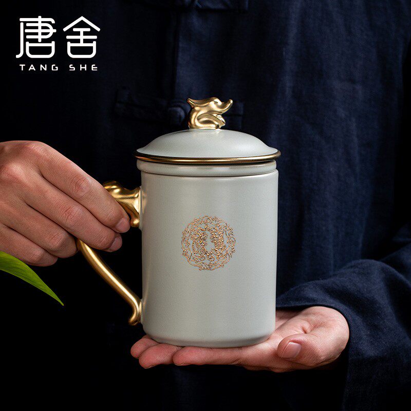 唐舍汝窑办公杯描金龙凤泡茶杯陶瓷复古中式茶水分离过滤带盖茶杯