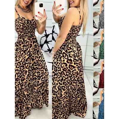 Leopard V-neck Sleeveless Strap Dress豹纹V领无袖吊带连衣长裙