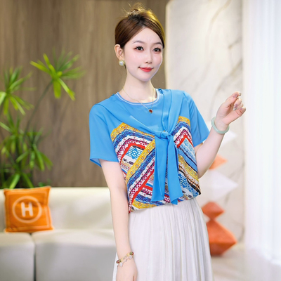 现货 阳光海岸~洋气时尚蓝色印花宽松T恤衫休闲减龄连帽披肩上衣