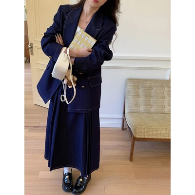 SUNS智性韵律 韩系文艺复古双排扣牛仔西装外套半身裙套装ZY3319