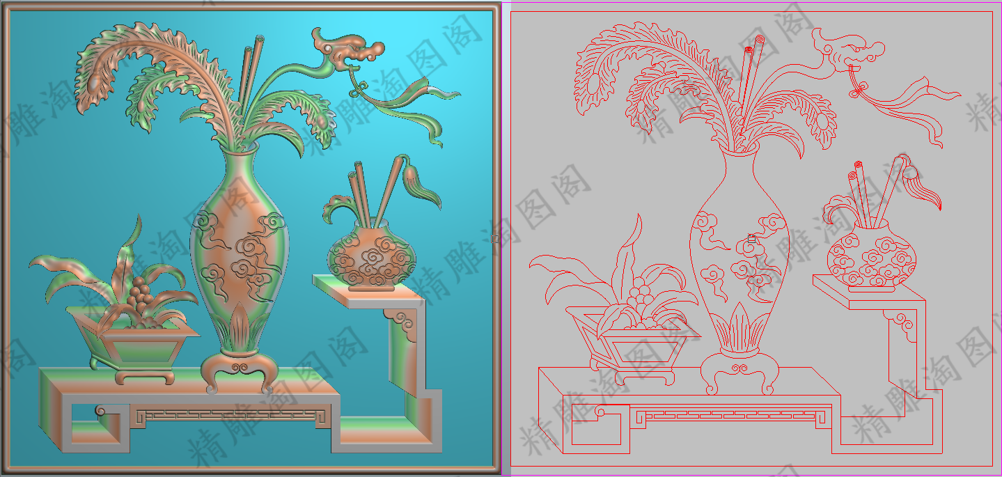 精雕图jdp书柜门板鸡毛掸草龙卷书博古花瓶大床靠背边板275x260