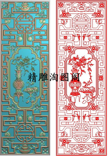 精雕图浮雕博古线花格元宝桃子葡萄花瓶古典大门板镂空透雕竖屏风