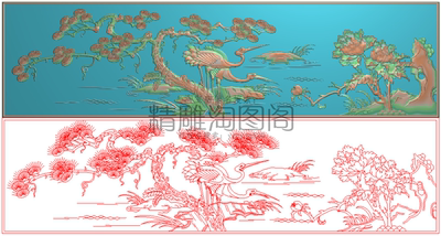 山水松鹤精雕图灰度图花鸟浮雕图精品牡丹花松鹤背板后板1102x293