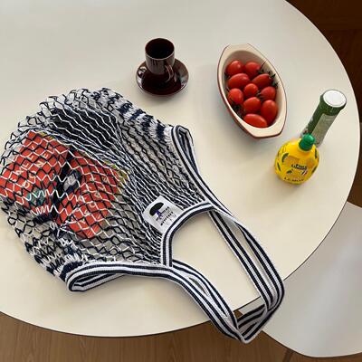 Bathroom 拼接撞色网兜布包 环保袋单肩包购物袋编织包大容量法式