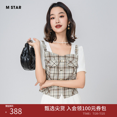 假两件方领格纹小衫上衣气质女士