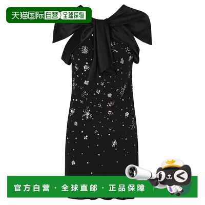自营alberta ferretti黑色Enver缎面星星贴花蝴蝶结v领粘胶连衣裙