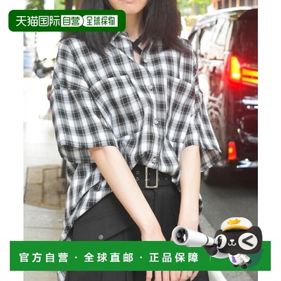 1h可退 日本直邮axes femme 女装 宽松五分袖格纹衬衫 胸前口袋设