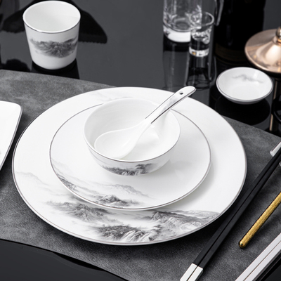 山水酒店摆台餐具套装新中式陶瓷碗盘碟会所招待包房餐厅饭店定制