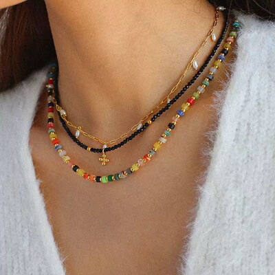 刘雯同款项链奢小众小清新爽朗春意盎然彩色石头十字架叠戴颈链女