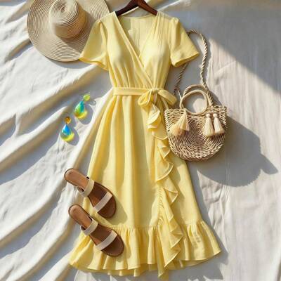 Plus Size French Countryside Wrap Ruffled Dress Mustard