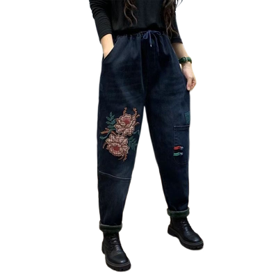 秋冬松紧腰大码哈伦裤刺绣