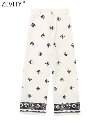 Zevity Women Vintage Patchwork Embroidery Casual Linen Wide
