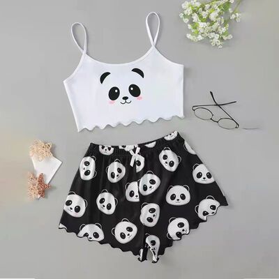 Women Panda Print Pajama Set Summer Sexy Sleepwear Pyjamas W