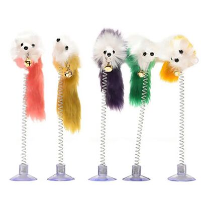 Feather Stick Spring Toy Suction With Bell Mouse Interactive