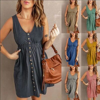 2023 Womens Dresses Casual Sleeveless Button Down Elastic Wa