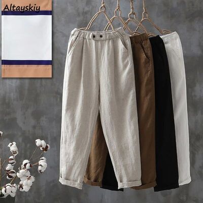 Casual Pants Women Summer Cotton Button Elastic Waist Ankle-