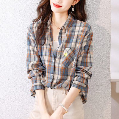 厂家直销格子衬衫女长袖2025春装上衣气质文艺复古纯棉休闲衬衣
