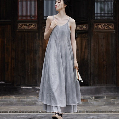 2026夏季暗黑风 默念依旧柳叶拼接大摆打底吊带裙旅拍喷染连衣裙