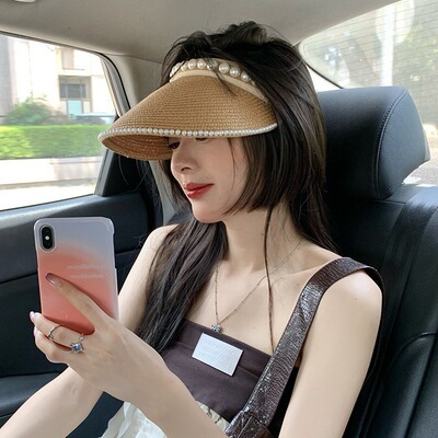 草编时尚珍珠遮阳帽发箍