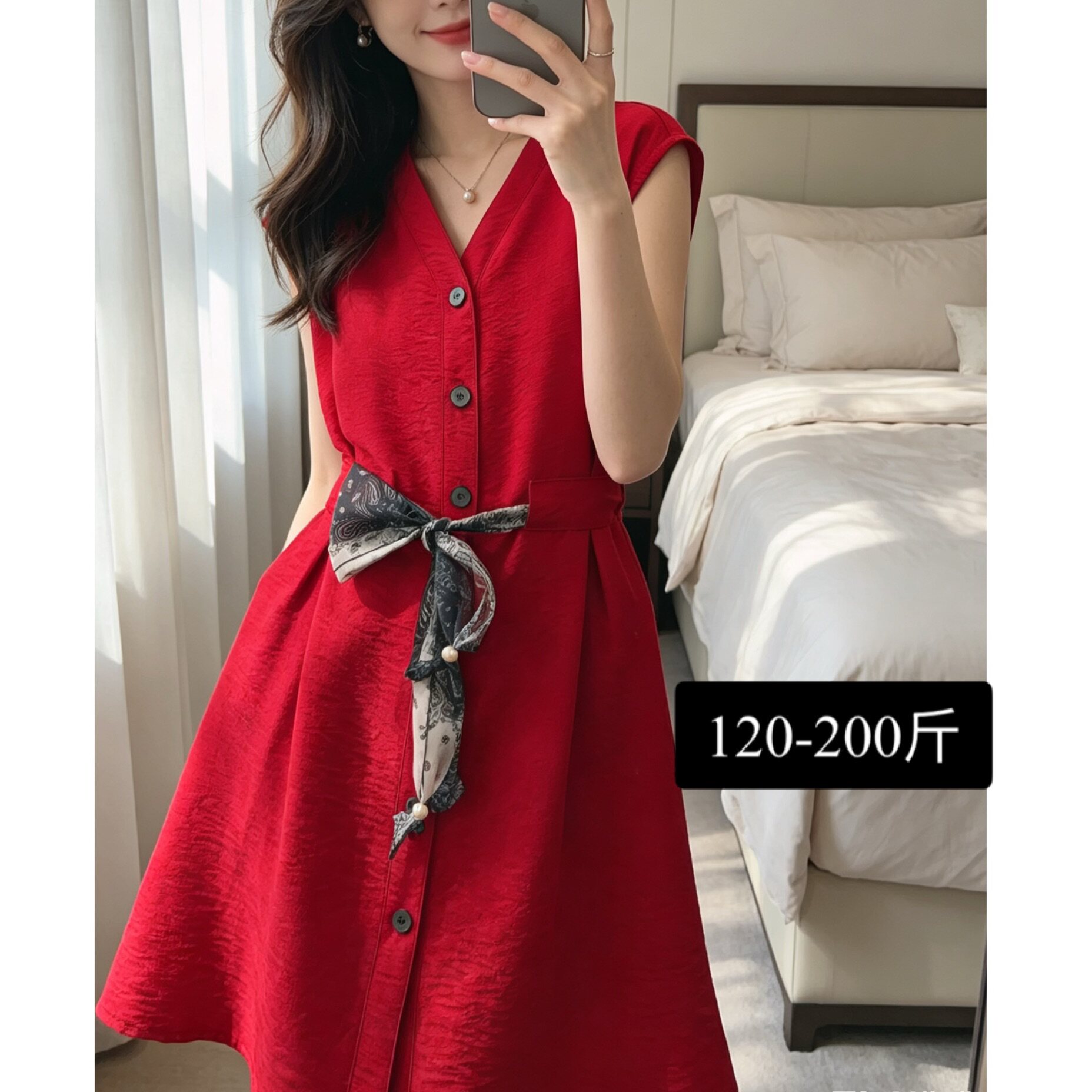 大码女装胖MM夏季新款时尚百搭V领无袖收腰衬衫女宽松显瘦连衣裙