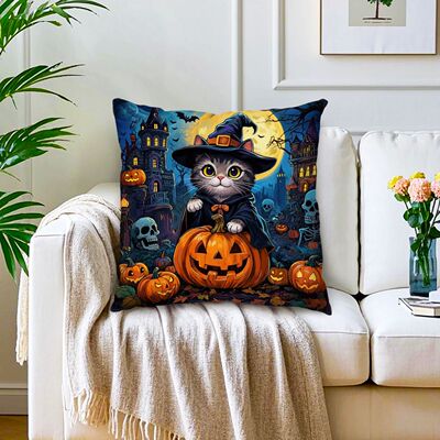 Halloween Witch Cat Cushion Cover Pumpkin Haunted House Skel