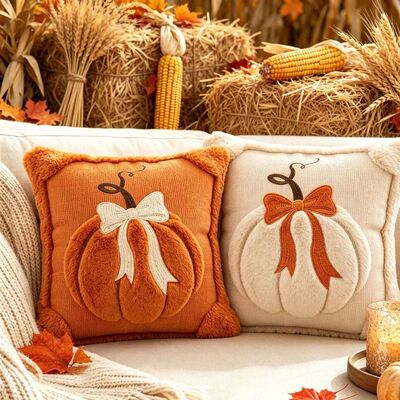 Autumn Harvest Pumpkin Plush Pillowcase Thanksgiving Bow Emb