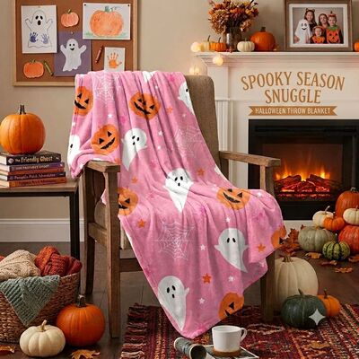 Halloween Pink Ghost Flannel Blanket Cover Warm Soft Multifu