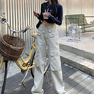 韩式休闲高腰显高显瘦修身百搭牛仔裤新款复古宽松垂感外穿阔腿裤