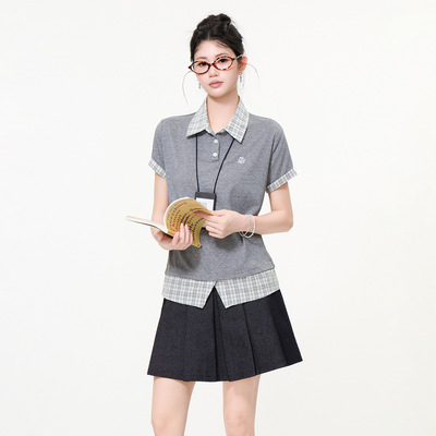 假两件学院风格纹polo翻领正肩高级感宽松显T恤夏季短袖上衣女装