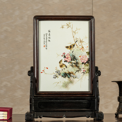 近代红木粉彩花鸟纹插屏屏风