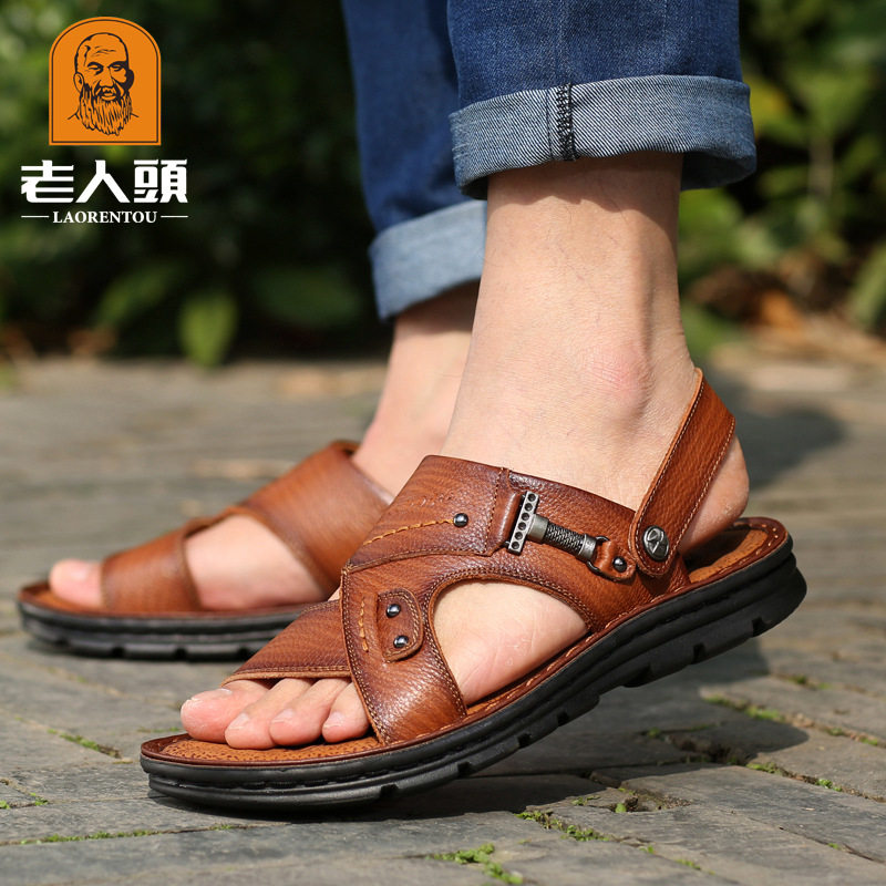 老人头凉鞋男2026新款牛皮男士休闲沙滩鞋真皮防滑软底拖鞋大码鞋