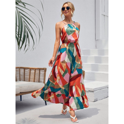summer women dresses casual sexy ladies skirt时尚印花挂脖裙