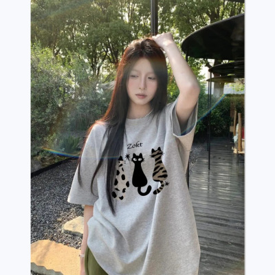 100%纯棉灰色短袖t恤女夏季设计感宽松小众潮牌卡通半袖上衣男潮