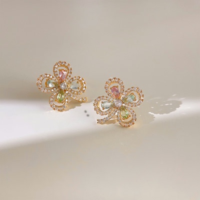 MoreSuitable彩锆加厚镀18k金花朵耳钉女清新甜美镂空幸运草耳饰