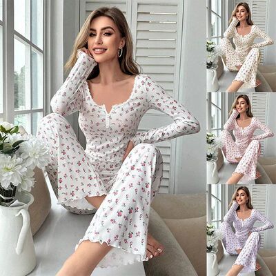 Sleepwear Women Floral Print Lettuce Trim Top with Long Pant