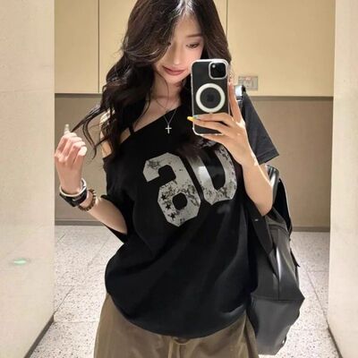 Black Off Shoulder Slant Neck Short Sleeve T-Shirt 2025 Summ