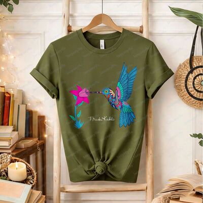 Frida Kahlo Hummingbird Floral T-Shirt Colorful Mexican Art