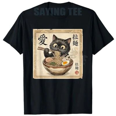 2026 New Fashion Cartoon Kawaii Ramen Cat Vintage T-Shirt Ja