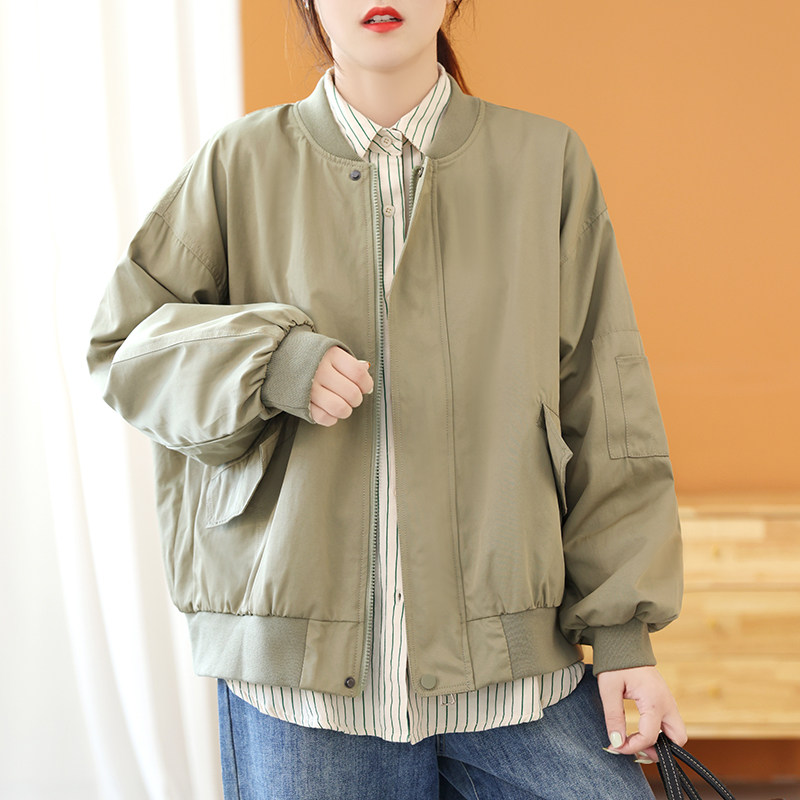 绿素棉 挺拔廓形棒球领短外套 女大码春秋 日系螺纹针织夹克风衣