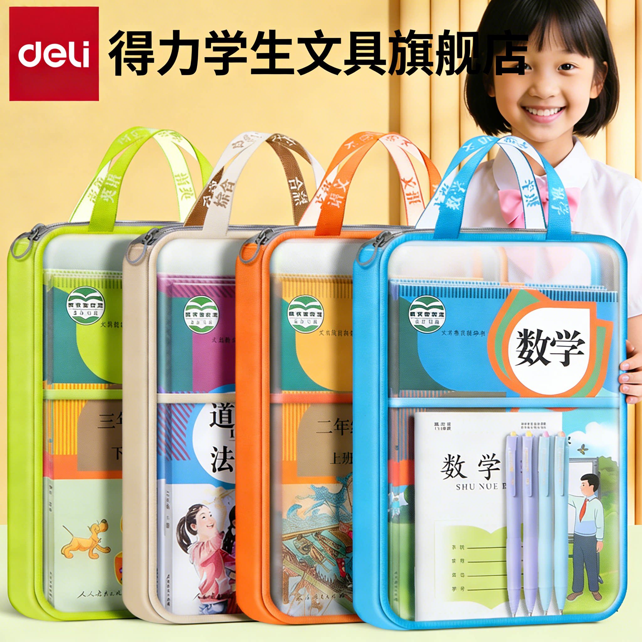 得力L型科目分类袋文件袋补习袋拉链手提袋中小学生拎书透明学科补课包网纱大开口作业试卷收纳袋考试文件包