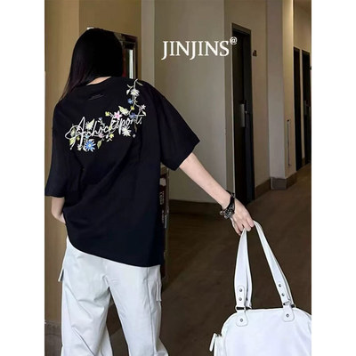 法式刺绣花卉大码显瘦短袖T恤