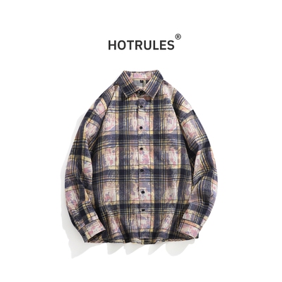 HOTRULES扎染格子衬衫男春季情侣
