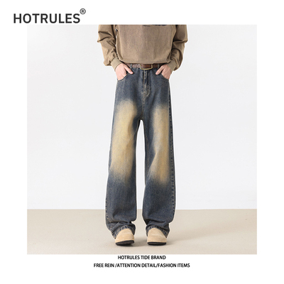 复古美式直筒牛仔裤水洗做旧微喇