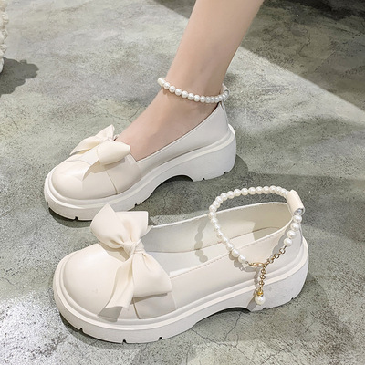 Mary Jane Shoes Female Pearl Knot Girl Single Shoes Thick