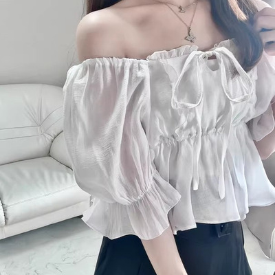 D12014日单客供料新款GL交叉系带领松紧腰显瘦女2Way甜美短款衬衫