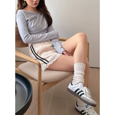 A14006日单新客供棉质GL褶皱领有弹性显瘦女纯色气质短款长袖T恤